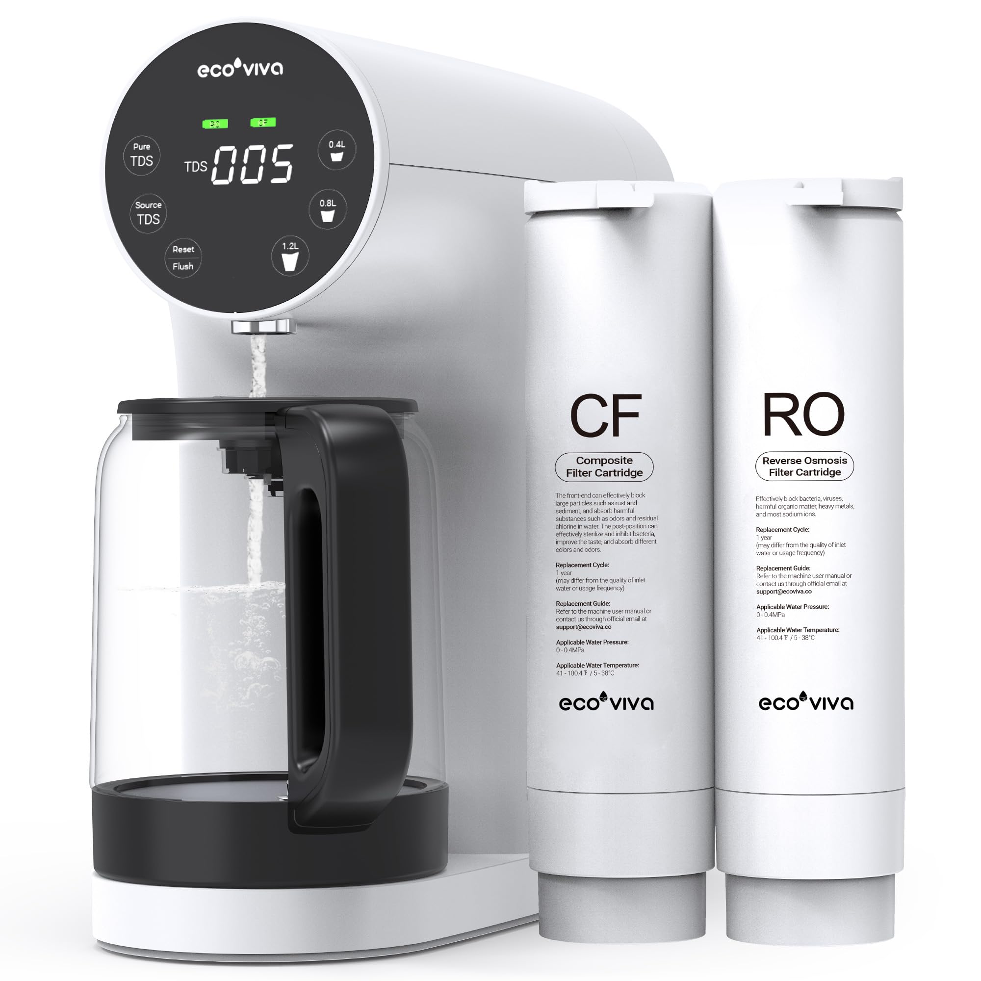 Ecoviva Countertop Reverse Osmosis System RO Water Filter, 5 Stage Filtration, Real-time TDS Monitor, 3:1 Pure to Drain, Zero-Installation Portable Water Purifier (WP-RO-200G White)