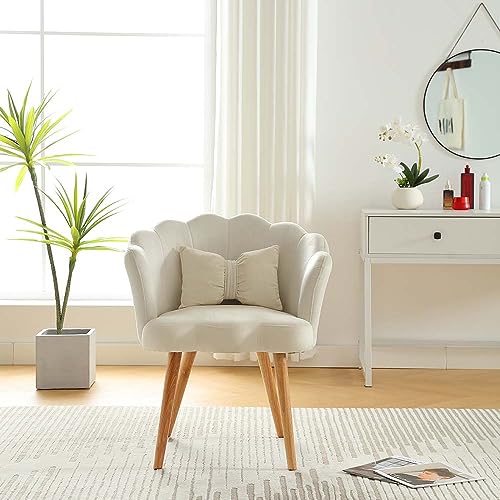 Modern Velvet Accent Chair,Shell Shape Upholstered Armchair with Wood Legs,Comfy Reading Chair for Bedroom,Living Room,Makeup Room,Bowknot Pillow (Cream)