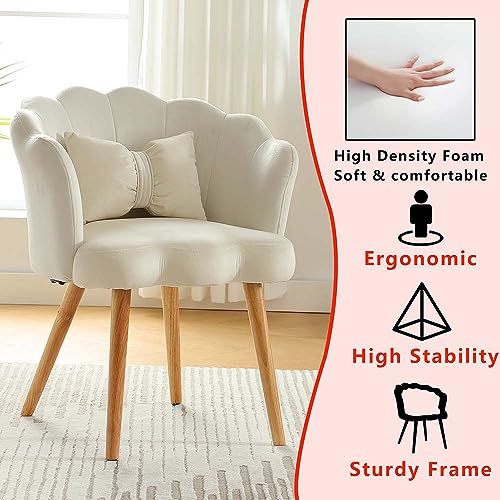 Modern Velvet Accent Chair,Shell Shape Upholstered Armchair with Wood Legs,Comfy Reading Chair for Bedroom,Living Room,Makeup Room,Bowknot Pillow (Cream)
