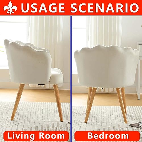 Modern Velvet Accent Chair,Shell Shape Upholstered Armchair with Wood Legs,Comfy Reading Chair for Bedroom,Living Room,Makeup Room,Bowknot Pillow (Cream)