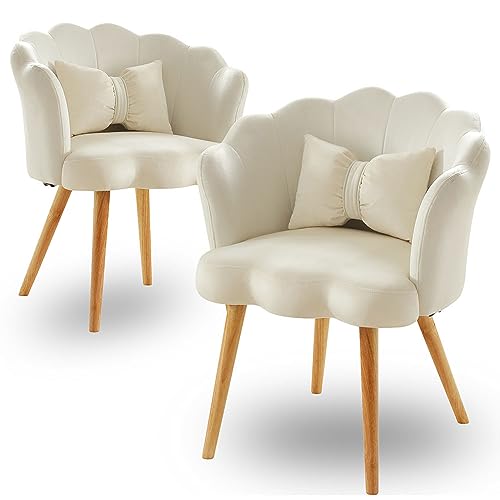 Modern Velvet Accent Chair,Shell Shape Upholstered Armchair with Wood Legs,Comfy Reading Chair for Bedroom,Living Room,Makeup Room,Bowknot Pillow (Cream)