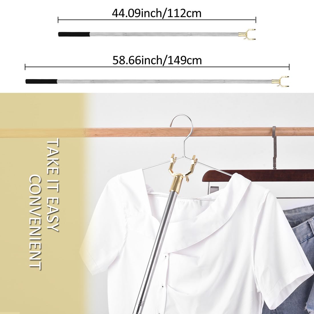 58 inch extended long rod wardrobe clothing telescopic rod with long handle, suitable for high reach areas, clothes drying rod with hook is very suitable for university dormitories