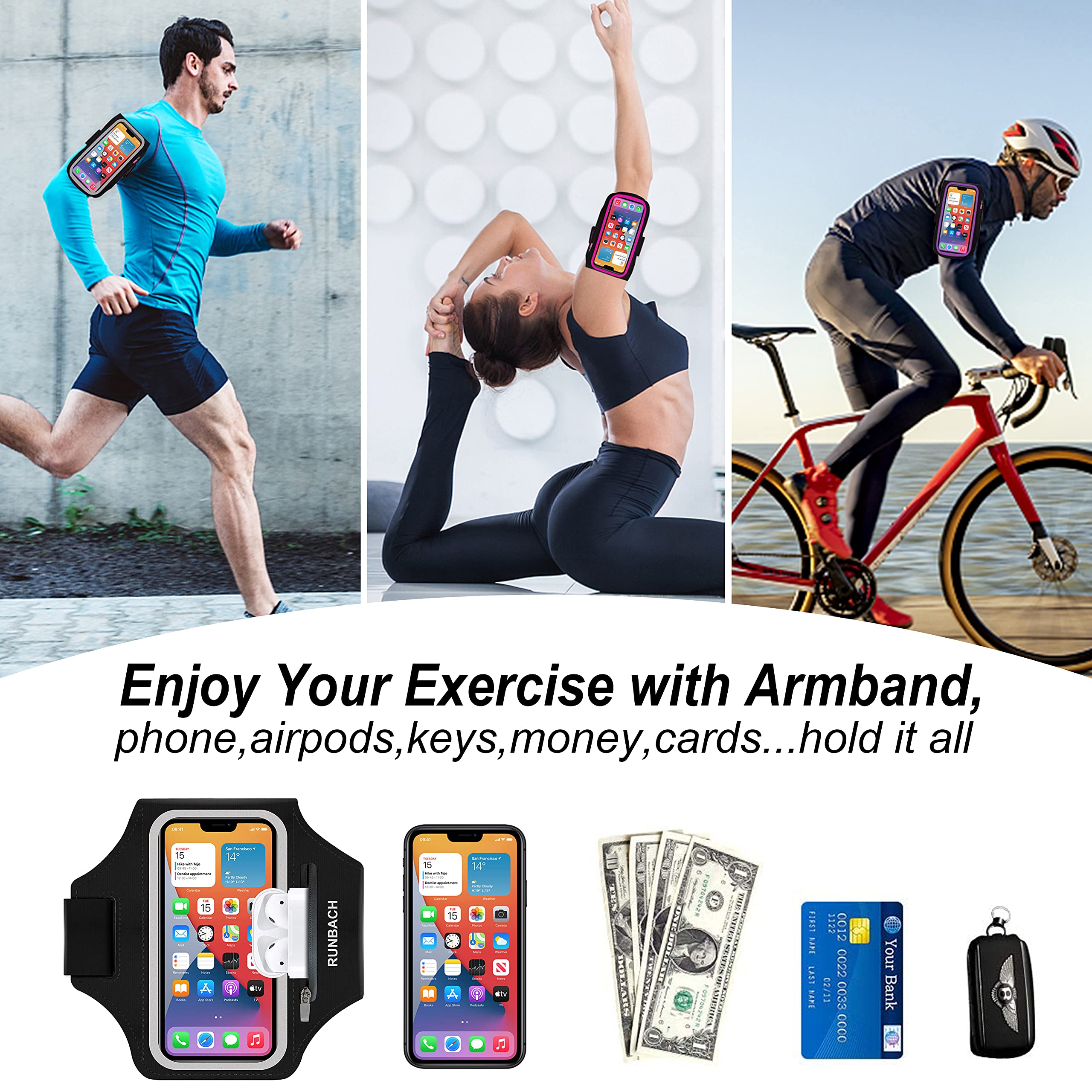 RUNBACH Running Armband for Google Pixel 8/8 Pro/7/7a/7 Pro/6/6a/6 Pro/5/5a/4/4a/4XL/3a/3 XL,Water Resistant Sport Armband with Zipper Slot for Pixel Buds and Car Key (Black)
