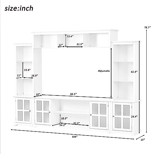 TV Stand for TV's up to 75 Inch with Open Bookshelf, Wine Cabinet & Display Cabinet, Multifunctional Entertainment Wall Unit with Bridge & Tempered Glass Door for Living Room