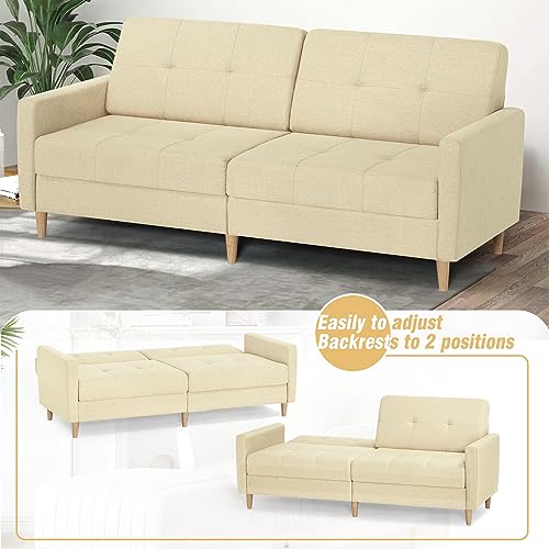 BIVVI Convertible Folding Loveseat Couch 77” Long Linen Fabric Sofa Bed with Adjustable Backrest and Wooden Legs,Large Sleeper Lounge Couch for Living Room Dorm Guest Home Office Apartment,Beige