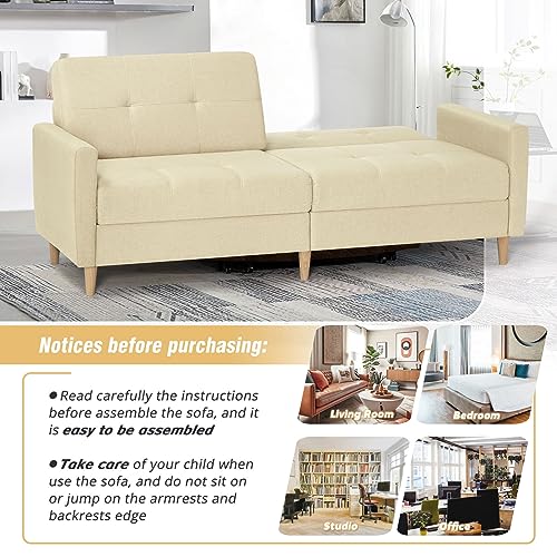 BIVVI Convertible Folding Loveseat Couch 77” Long Linen Fabric Sofa Bed with Adjustable Backrest and Wooden Legs,Large Sleeper Lounge Couch for Living Room Dorm Guest Home Office Apartment,Beige