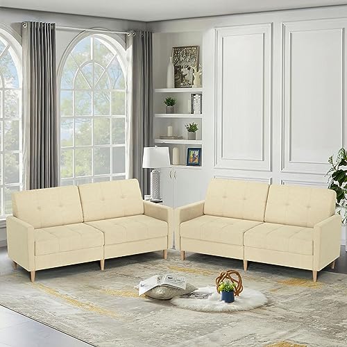 BIVVI Convertible Folding Loveseat Couch 77” Long Linen Fabric Sofa Bed with Adjustable Backrest and Wooden Legs,Large Sleeper Lounge Couch for Living Room Dorm Guest Home Office Apartment,Beige