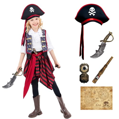 Joy Bang alloween Pirate Costume Kids, Girls Dress Up Pretend Role Play Party for Toddlers, Buccaneer Top Princess Skirt Waist Belt with Accessories