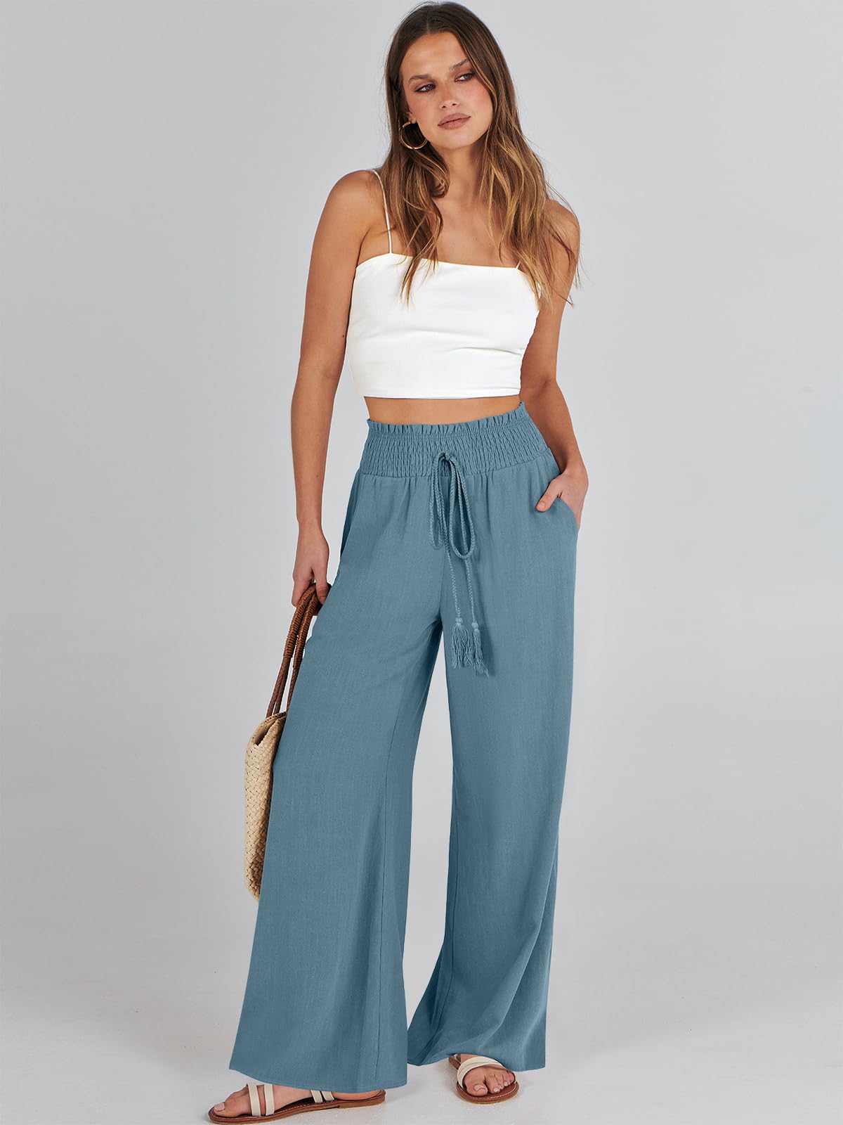 ANRABESS Women's Linen Pants Summer Casual Palazzo Beach Pant Drawstring High Waist Wide Leg Trousers Vacation Outfits Small Lake Blue