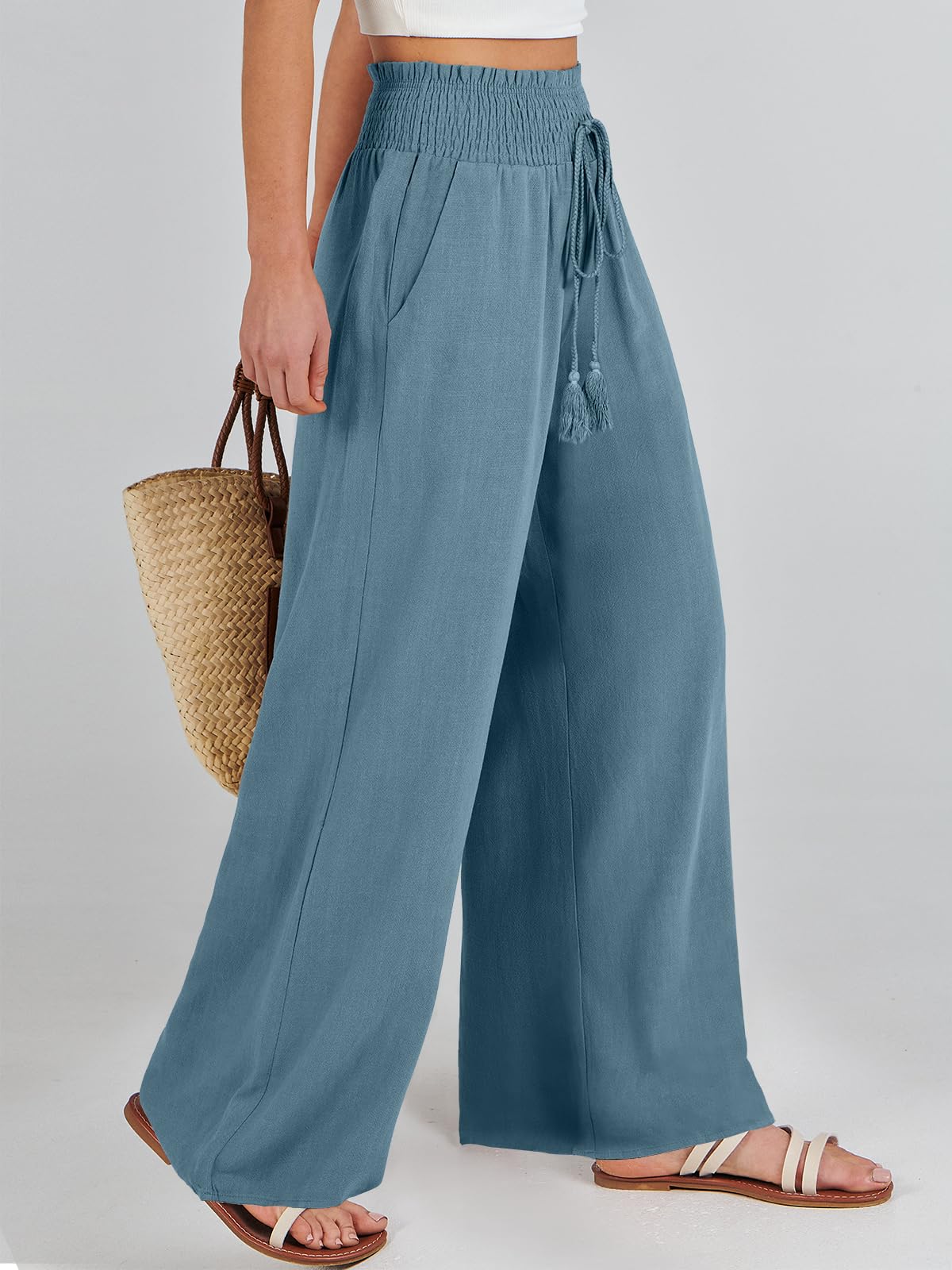 ANRABESS Women's Linen Pants Summer Casual Palazzo Beach Pant Drawstring High Waist Wide Leg Trousers Vacation Outfits Small Lake Blue