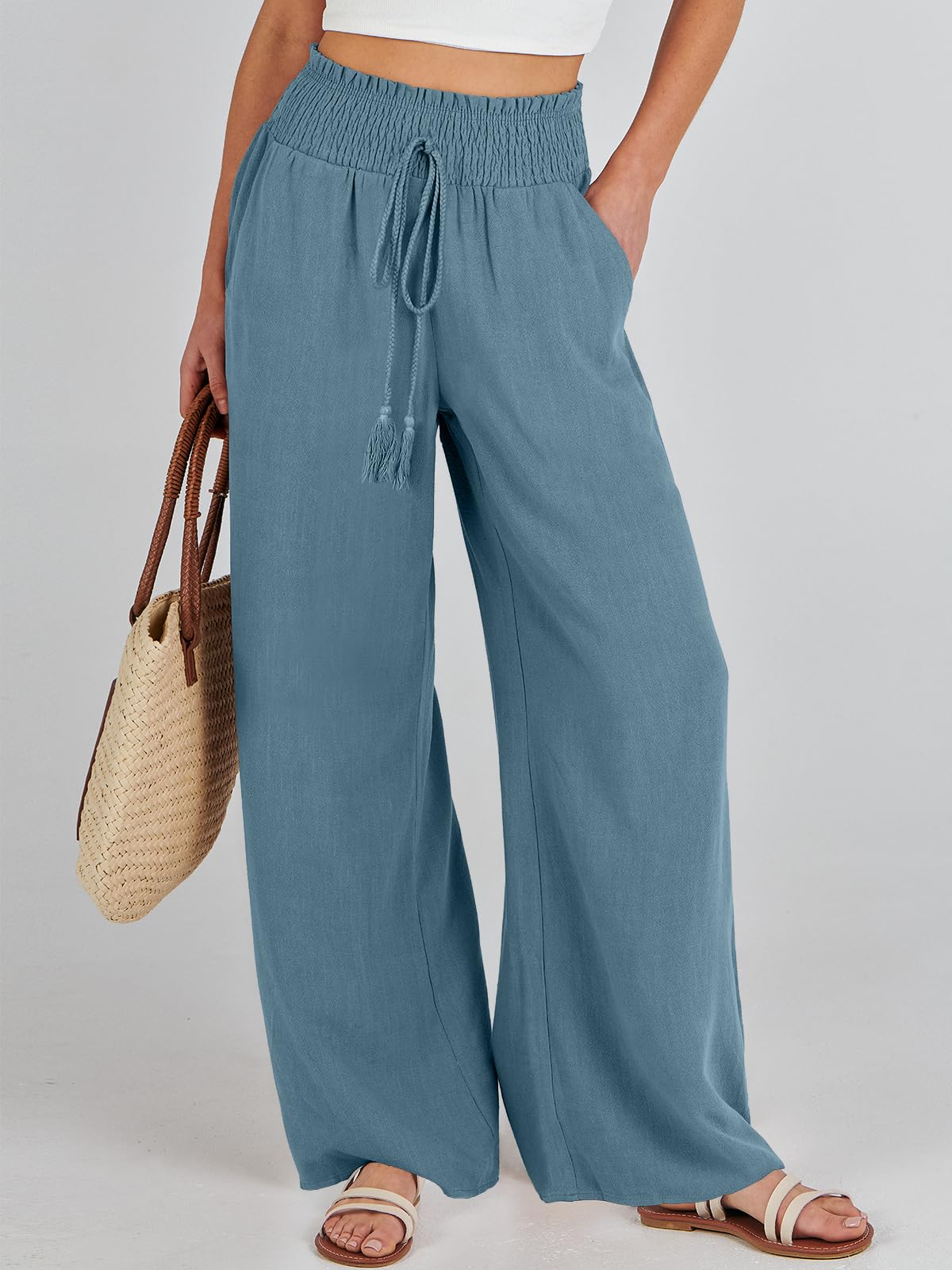 ANRABESS Women's Linen Pants Summer Casual Palazzo Beach Pant Drawstring High Waist Wide Leg Trousers Vacation Outfits Small Lake Blue