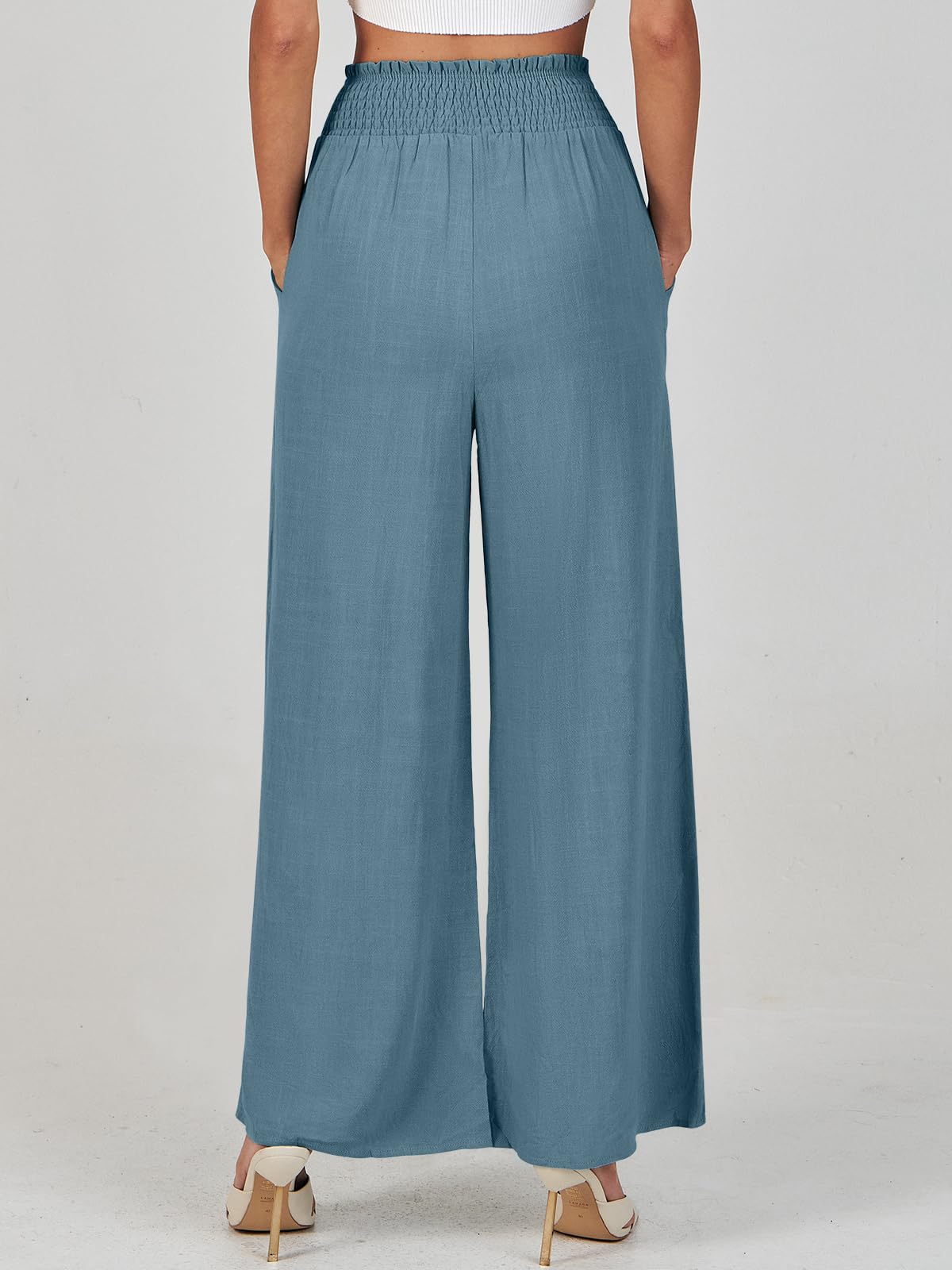 ANRABESS Women's Linen Pants Summer Casual Palazzo Beach Pant Drawstring High Waist Wide Leg Trousers Vacation Outfits Small Lake Blue
