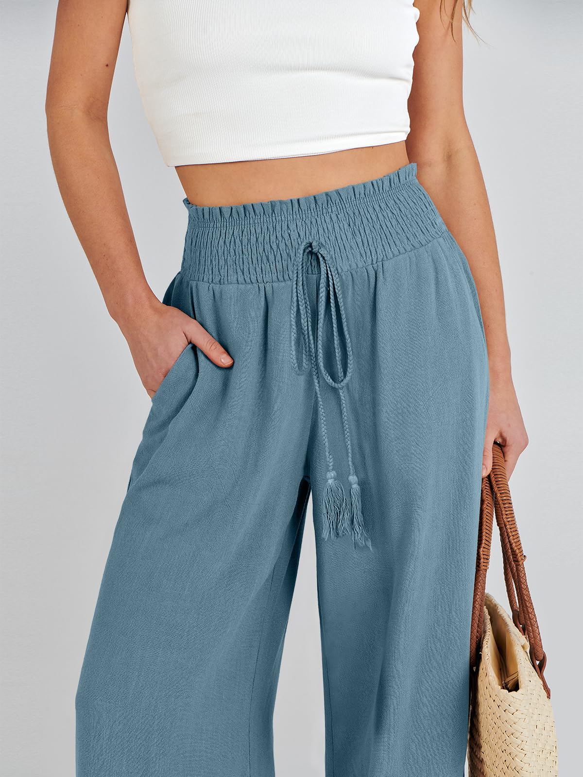 ANRABESS Women's Linen Pants Summer Casual Palazzo Beach Pant Drawstring High Waist Wide Leg Trousers Vacation Outfits Small Lake Blue