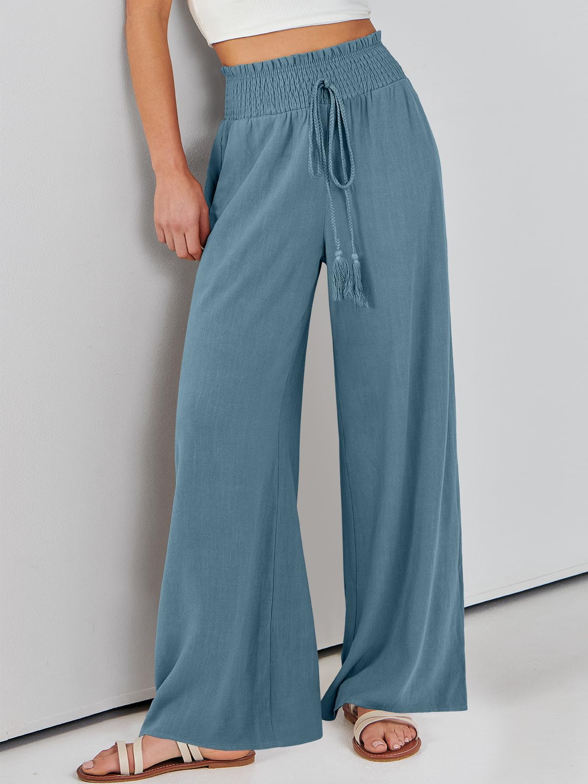ANRABESS Women's Linen Pants Summer Casual Palazzo Beach Pant Drawstring High Waist Wide Leg Trousers Vacation Outfits Small Lake Blue