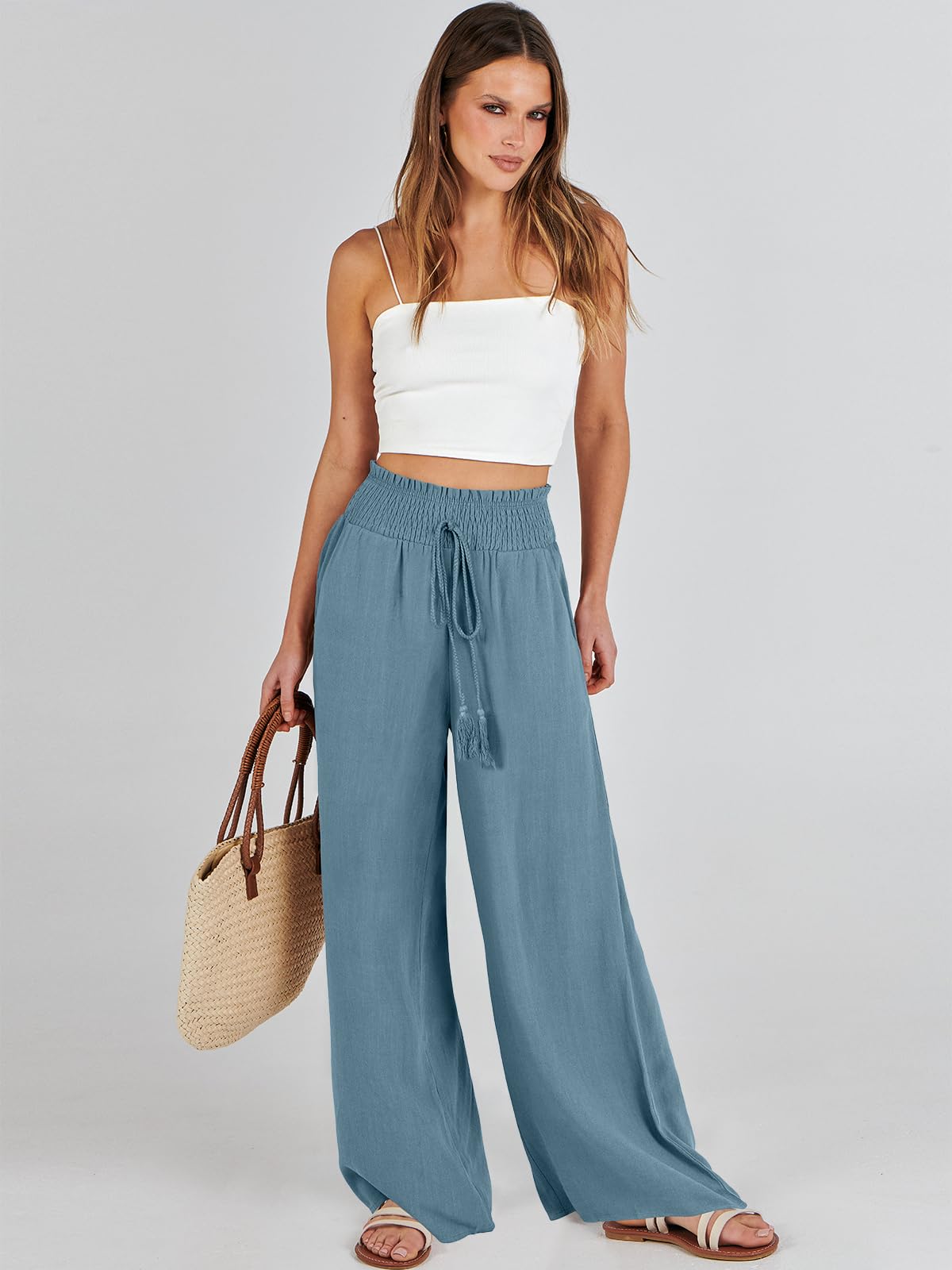 ANRABESS Women's Linen Pants Summer Casual Palazzo Beach Pant Drawstring High Waist Wide Leg Trousers Vacation Outfits Small Lake Blue