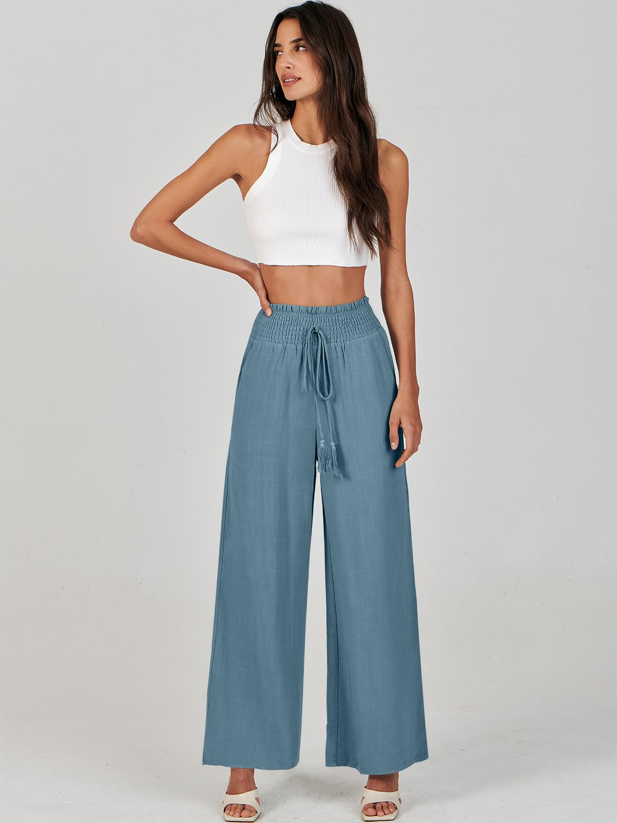 ANRABESS Women's Linen Pants Summer Casual Palazzo Beach Pant Drawstring High Waist Wide Leg Trousers Vacation Outfits Small Lake Blue