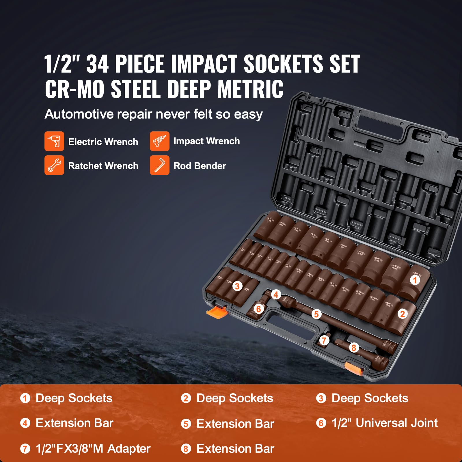 VEVOR 1/2" Drive Impact Socket Set, 34 Piece Socket Set Metric 8-36mm, 6 Point Cr-MO Alloy Steel for Auto Repair, Easy-to-Read Size Markings, Rugged Construction, Includes Storage Case