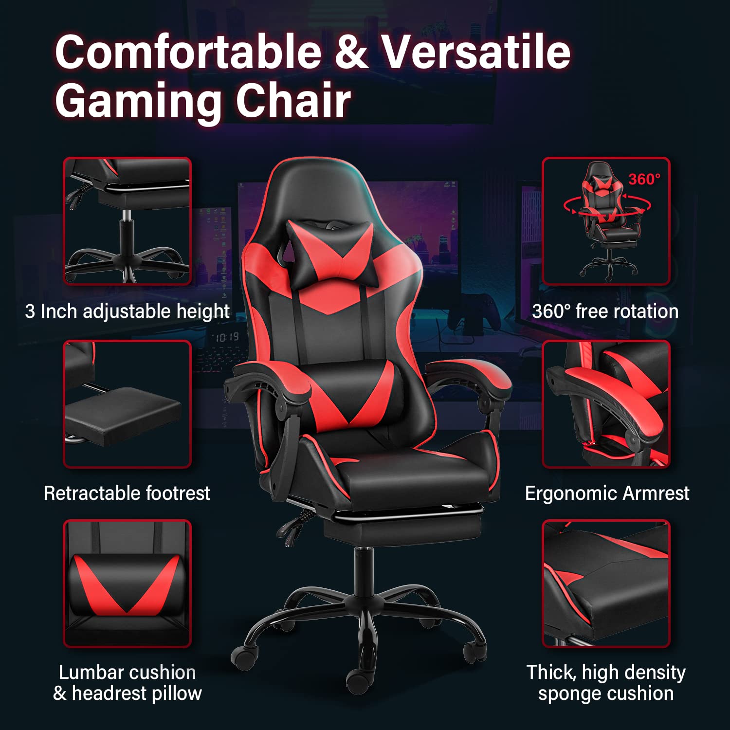 YSSOA Gaming Chair,Ergonomic Office Chair,High Back Computer Chair,Adjustable Swivel Leather Desk Chair,Mesh Task Chair with Headrest and Lumbar Support