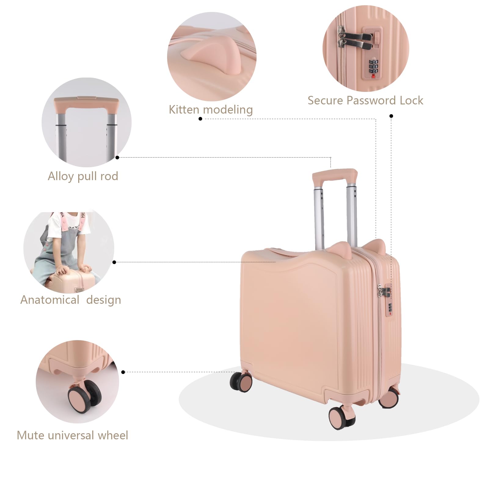 ELDA 20" Ride-On Kids Suitcase with Spinner Wheels Cute Carry on Hardside Trolly Luggage Lightweight with Combination Lock, Travel Essential