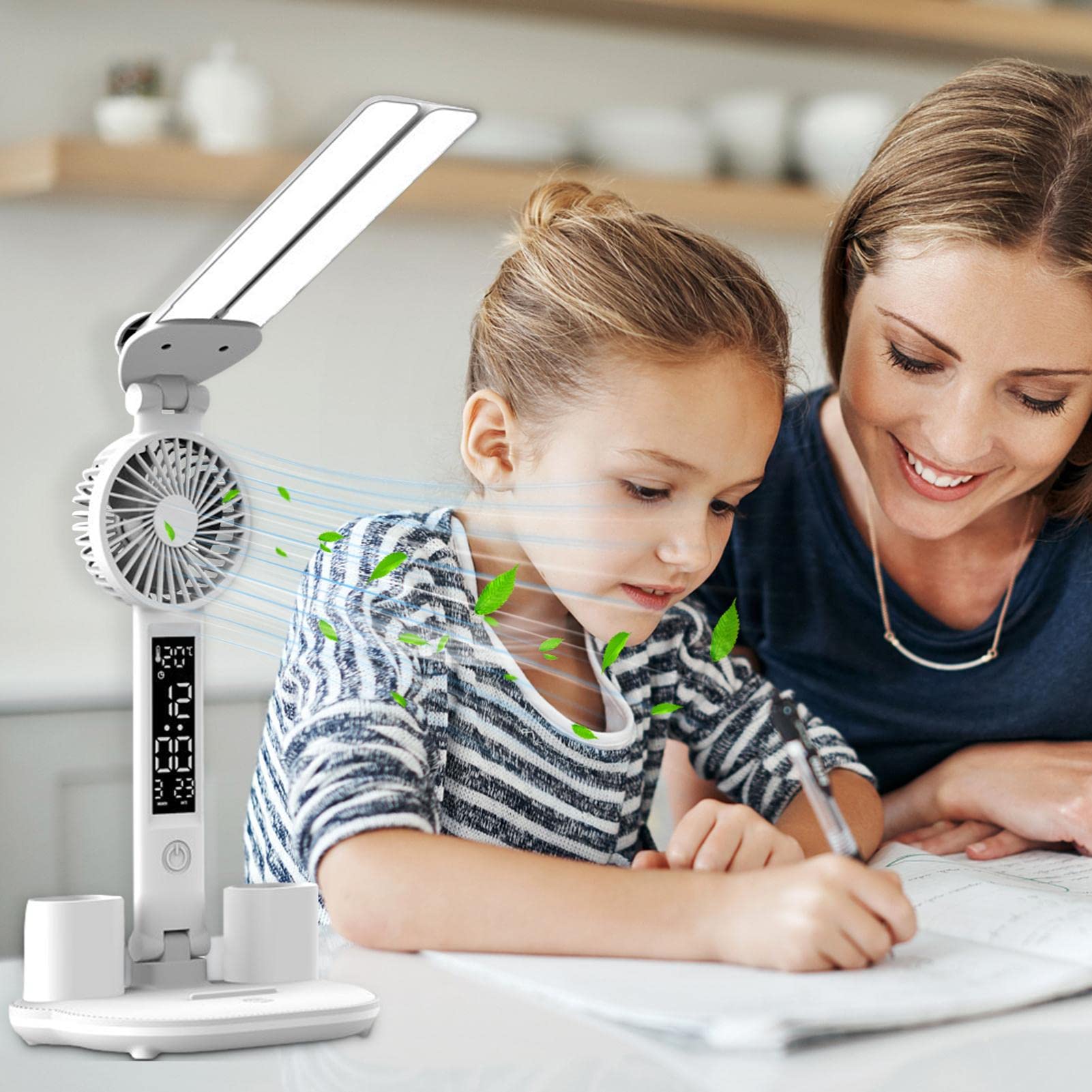 Dual Swing Arm Desk Light, Architect Swing Arm Desk Lamp, 3 Modes Study Lamp with Thermometers, Calendar, Fan, Holder, for Workbench, Studies, Students, Drafting