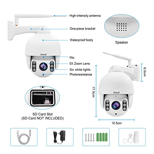 JideTech 5MP PTZ WiFi Camera Outdoor, 5X Optical Zoom IP Dome Camera, Auto Tracking Security Camera, 196ft IR Night Vision, Human/Motion Detection, Two Way Audio, IP66 Waterproof, SD Card Slot