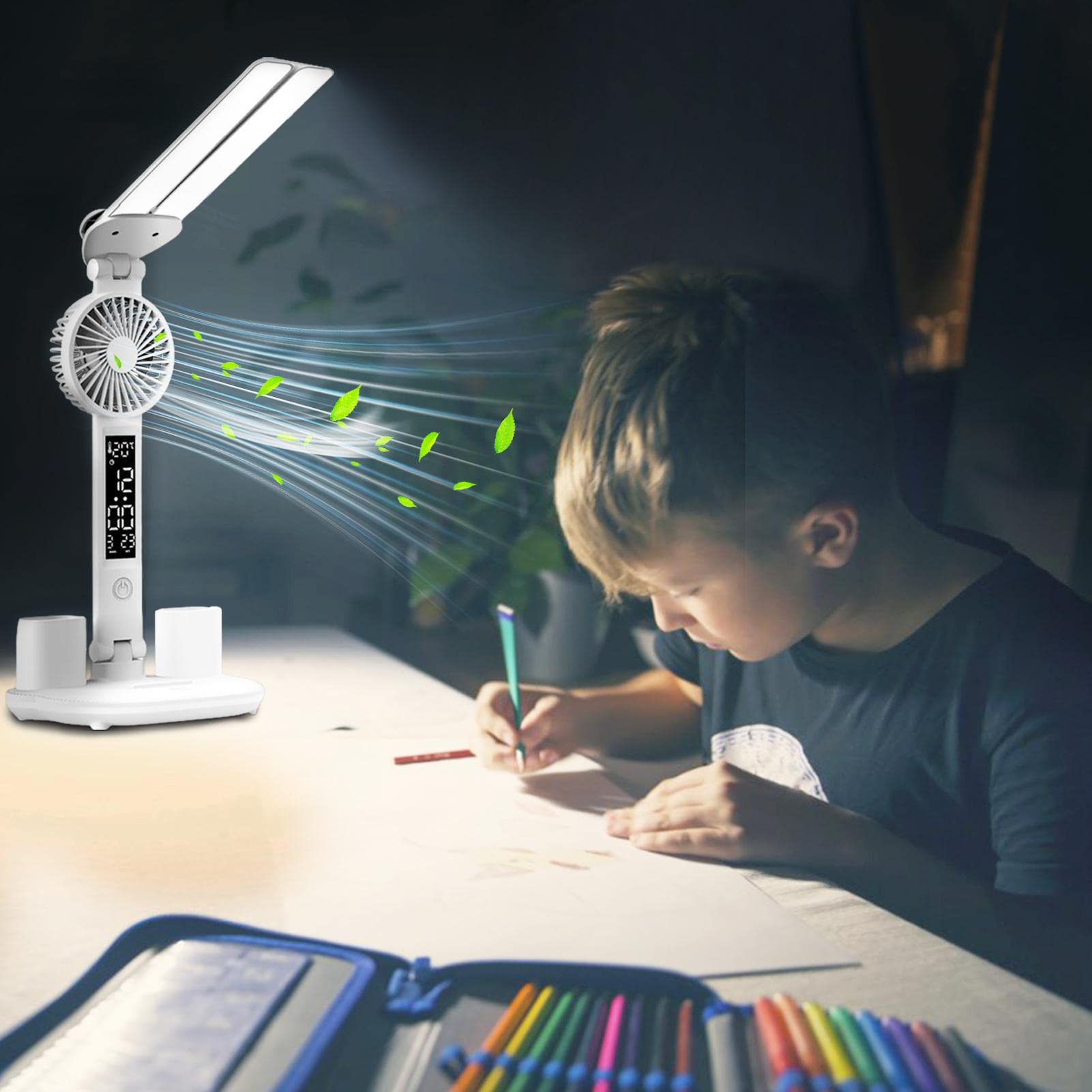 Dual Swing Arm Desk Light, Architect Swing Arm Desk Lamp, 3 Modes Study Lamp with Thermometers, Calendar, Fan, Holder, for Workbench, Studies, Students, Drafting