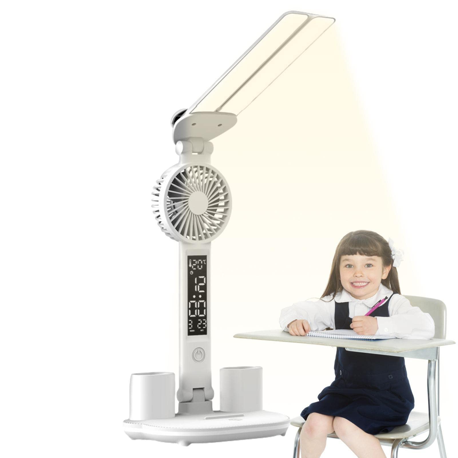 Dual Swing Arm Desk Light, Architect Swing Arm Desk Lamp, 3 Modes Study Lamp with Thermometers, Calendar, Fan, Holder, for Workbench, Studies, Students, Drafting