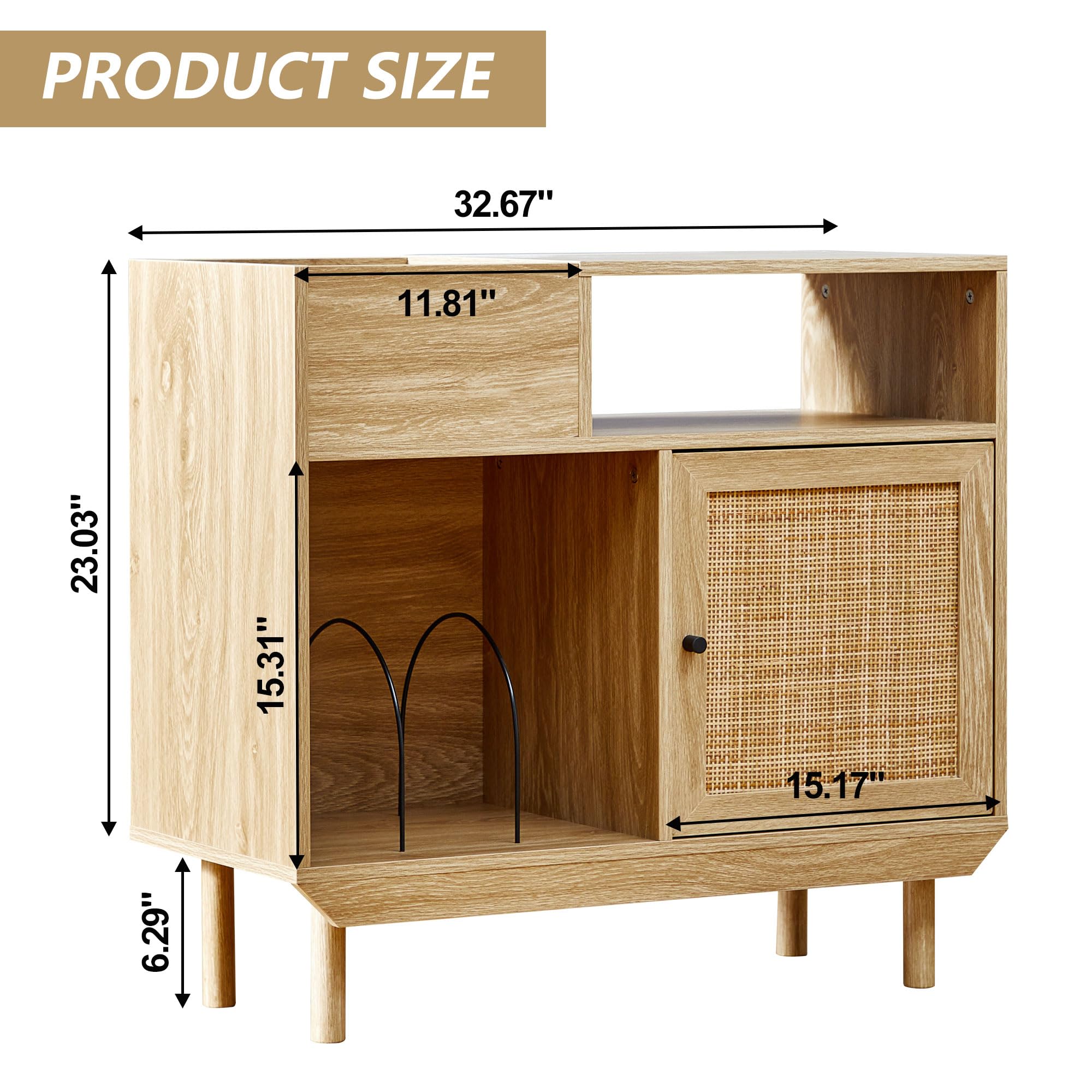 wirrytor Rattan File Cabinet, Wood Lateral Filing Cabinet with Door, Print Stand with Open Storage for Home Office Small Space, Natural