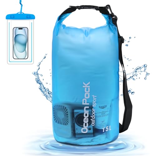 BACK KTCL Waterproof Dry Bag for Women Men,10L/15L Roll Top Lightweight Dry Storage Bag Backpack,Floating Sack with Waterproof Phone Case, Kayaking,Swimming, Camping, Hiking, Beach (Blue, 15L)