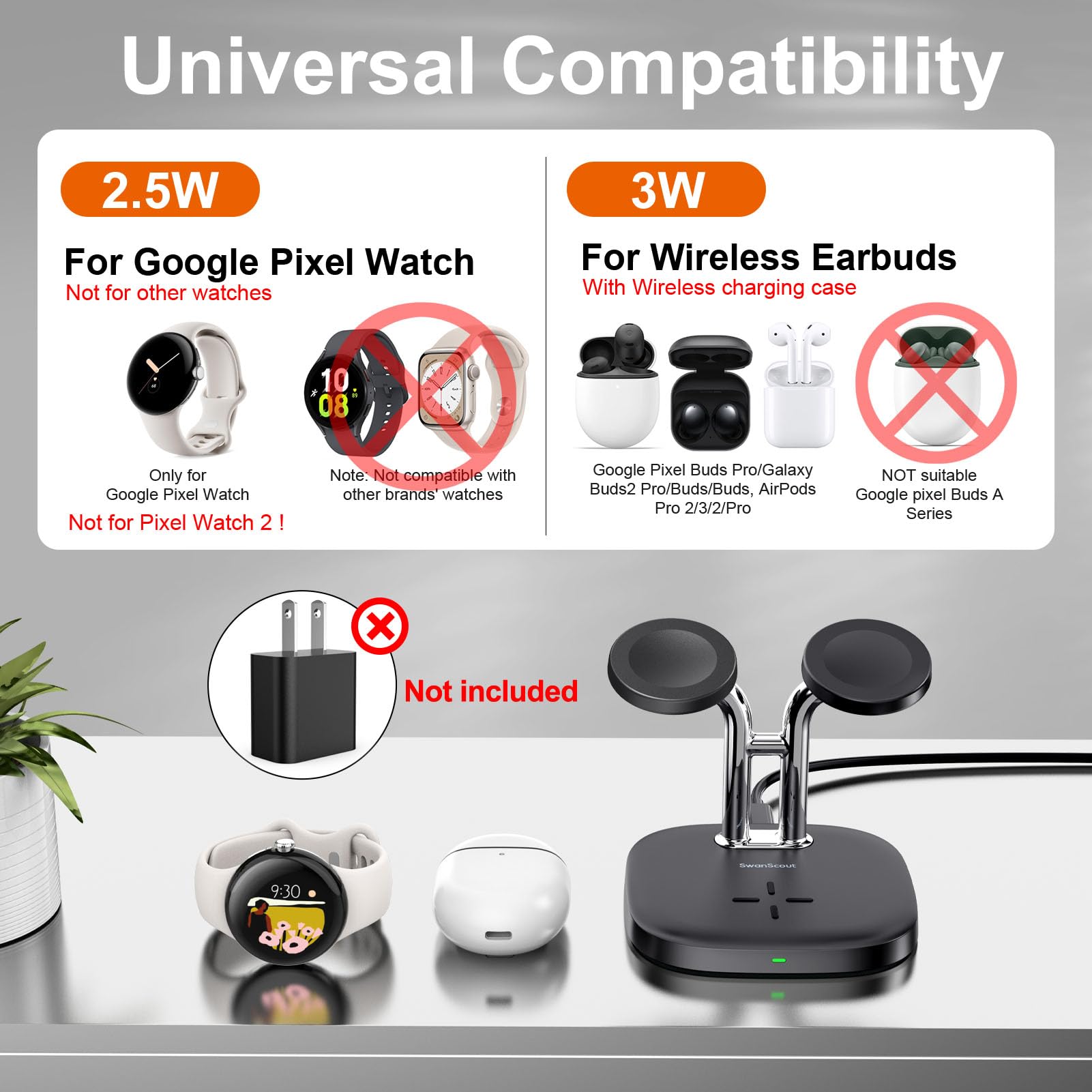 Swanscout Dual Watch Charger for Pixel Watch Only, 2 in 1 Wireless Charger Stand for Google Pixel Watch, Charging Dock Station for Pixel Buds Pro (Not for Pixel Watch 2)