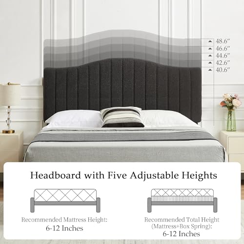 VECELO Queen Size Bed Frame Upholstered Platform Beds with Height Adjustable Teddy Fabric Headboard, Strong Wood Slats, 7.9'' Under Bed Space, Noise-Free, No Box Spring Needed, Black