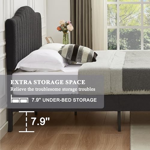 VECELO Queen Size Bed Frame Upholstered Platform Beds with Height Adjustable Teddy Fabric Headboard, Strong Wood Slats, 7.9'' Under Bed Space, Noise-Free, No Box Spring Needed, Black