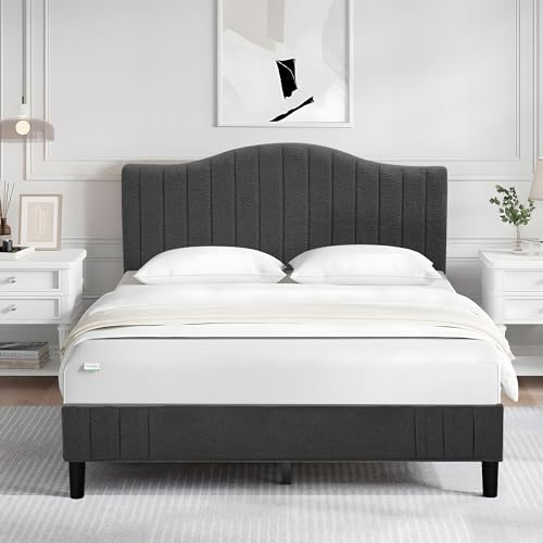 VECELO Queen Size Bed Frame Upholstered Platform Beds with Height Adjustable Teddy Fabric Headboard, Strong Wood Slats, 7.9'' Under Bed Space, Noise-Free, No Box Spring Needed, Black