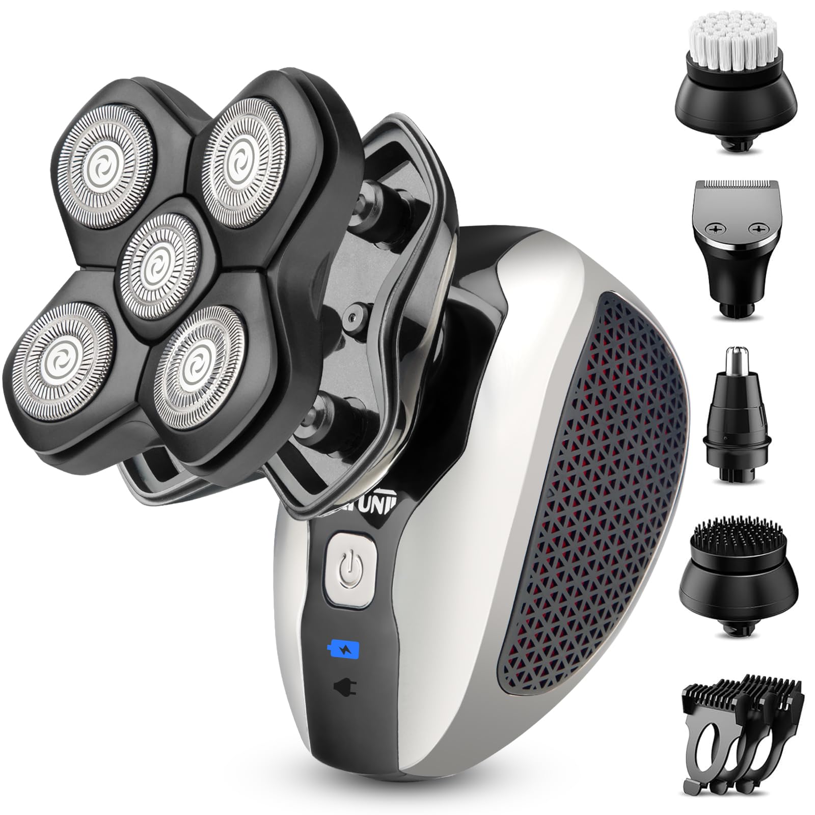 Detachable Head Shavers - Telfun Upgrade 5-in-1 Electric Head Shavers for Bald Men, 100% Waterproof Cordless Razor, Wet/Dry Shaving, 5 Dual Track Heads, Mess-Free Hair Capture (Black)