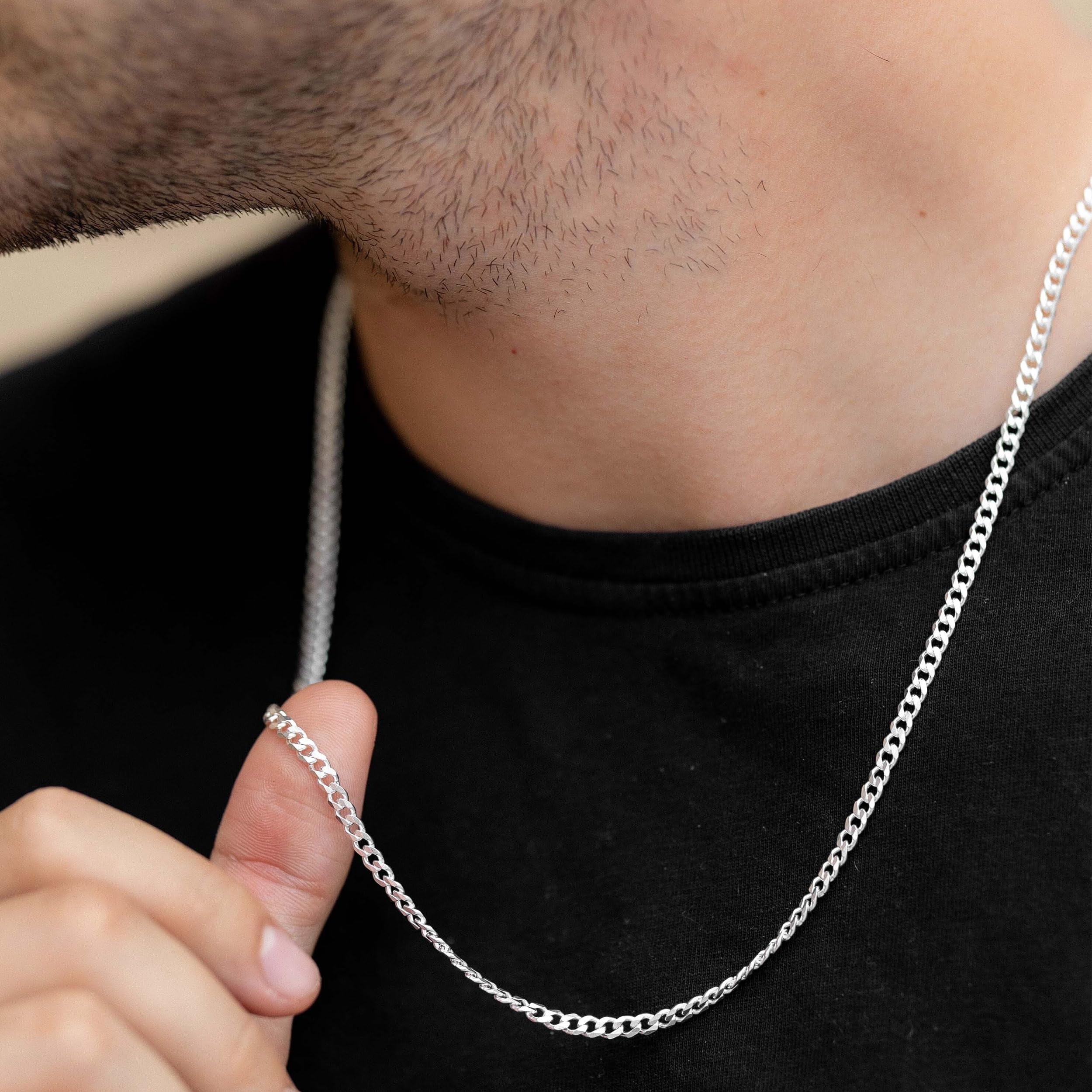 CBLKUS 3.5mm Stainless Steel Chain Necklace, Mens Silver Curb Link Chain, Diamond Cut Solid Cuban Link Chain For Women, Italy Mens Jewelry Available In 16-28 Inches