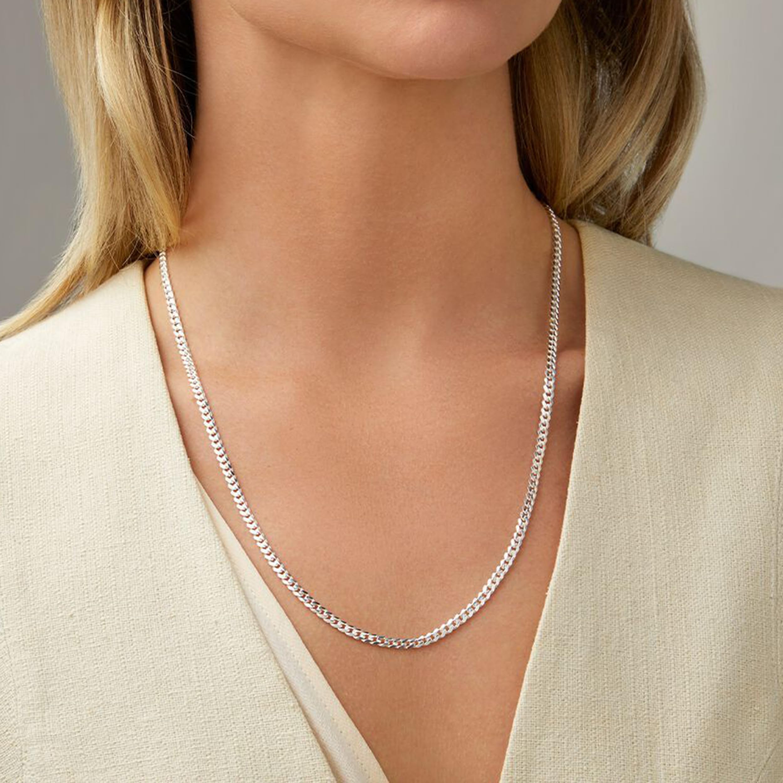 CBLKUS 3.5mm Stainless Steel Chain Necklace, Mens Silver Curb Link Chain, Diamond Cut Solid Cuban Link Chain For Women, Italy Mens Jewelry Available In 16-28 Inches