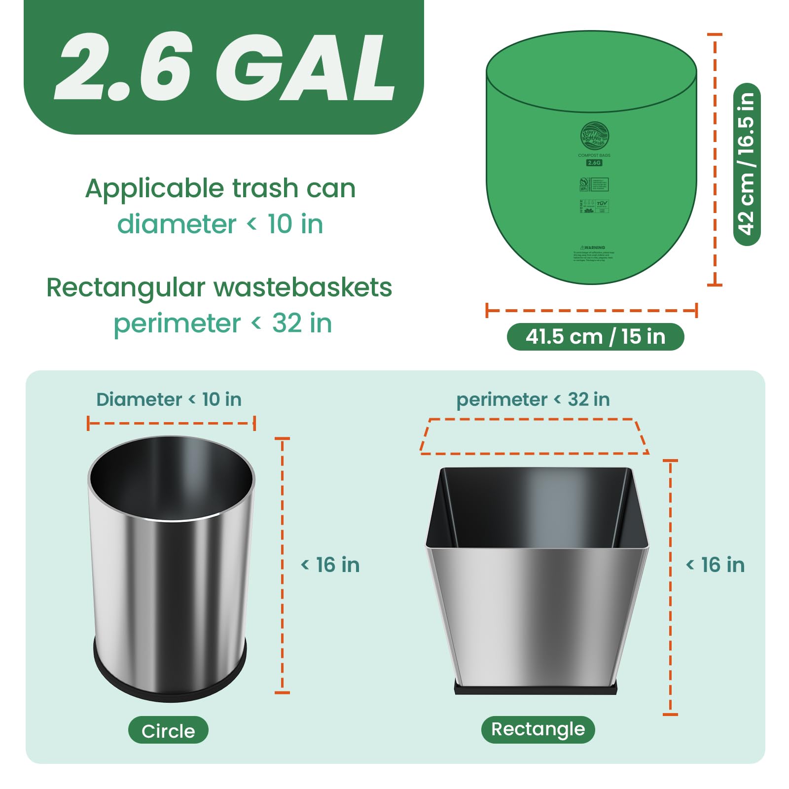 RAYTID Compostable trash Bags 2.6 Gallon Compost Bags for Kitchen Countertop Bin 1.3,2,3, Gallon, 120 Count,Small Kitchen Food Scrap Waste Bags,ASTM D6400, US BPI & Europe OK Compost Home Certified