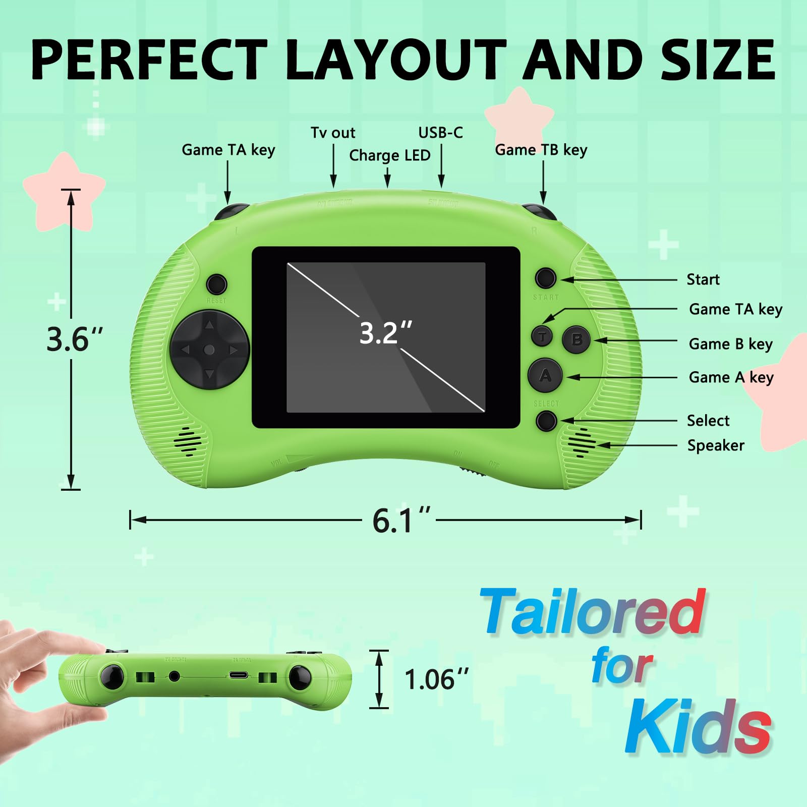 TaddToy Portable Handheld Games for Kids 3.2'' Screen Game TV Output Arcade Vibration Gaming Player System Built in 201 Classic Retro Video Games with Rechargeable Battery Birthday for Boys, Girls,Green
