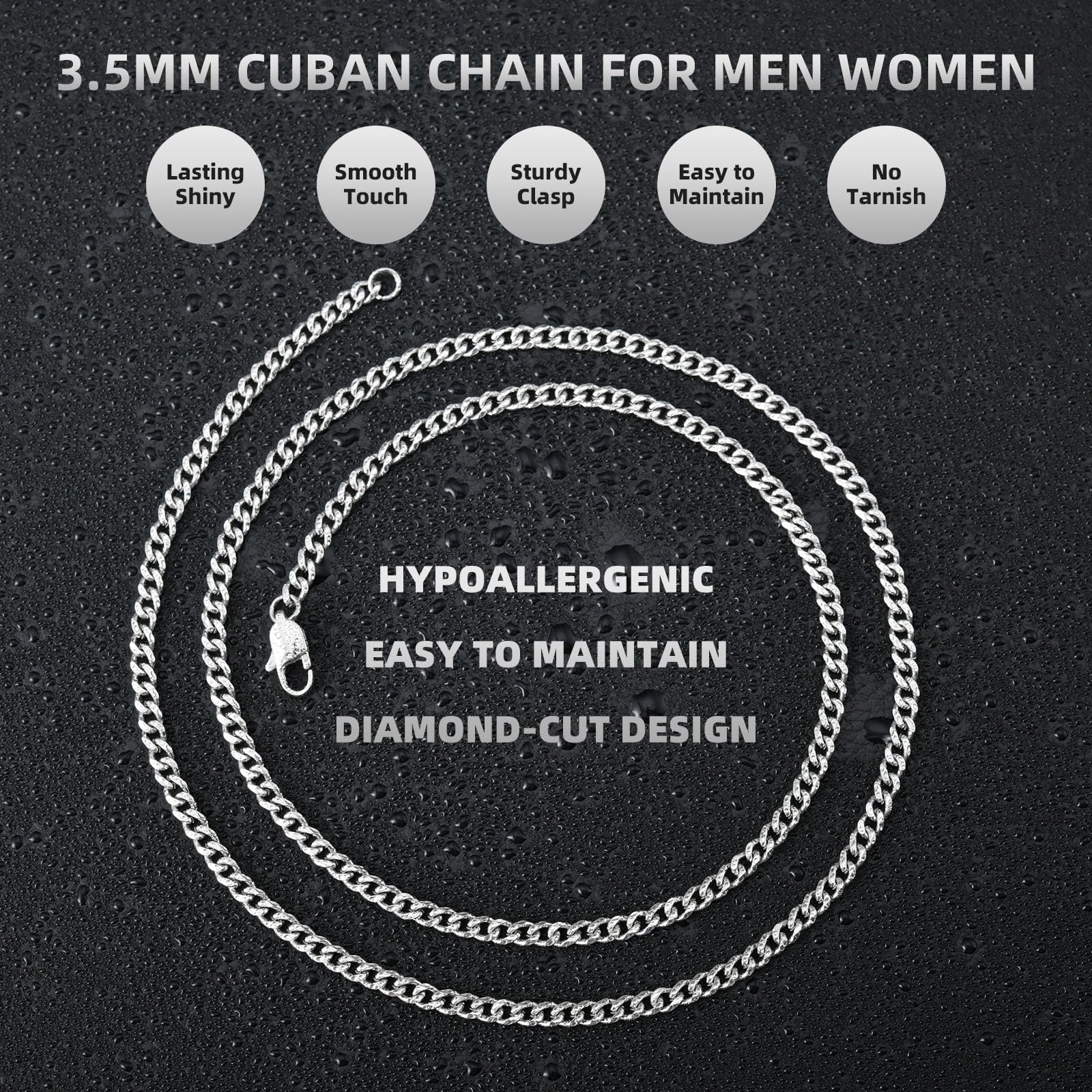 CBLKUS 3.5mm Stainless Steel Chain Necklace, Mens Silver Curb Link Chain, Diamond Cut Solid Cuban Link Chain For Women, Italy Mens Jewelry Available In 16-28 Inches