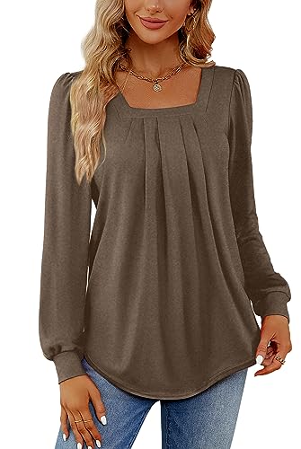 Funlingo Long Sleeve Shirts for Women Trendy Casual Tops Solid Color Elegant Business Blouses Coffee L