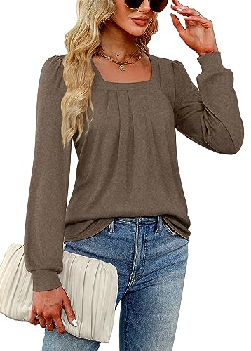 Funlingo Long Sleeve Shirts for Women Trendy Casual Tops Solid Color Elegant Business Blouses Coffee L