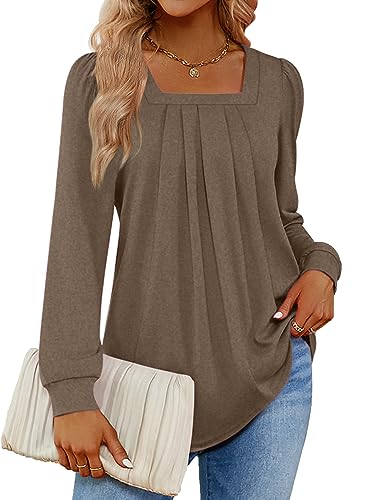 Funlingo Long Sleeve Shirts for Women Trendy Casual Tops Solid Color Elegant Business Blouses Coffee L