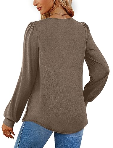 Funlingo Long Sleeve Shirts for Women Trendy Casual Tops Solid Color Elegant Business Blouses Coffee L