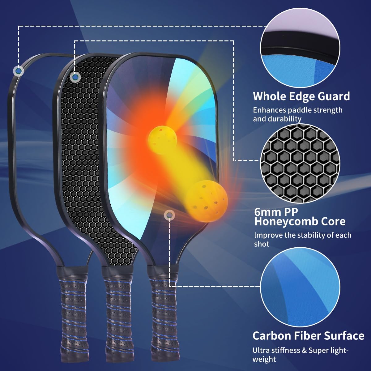 Pickleball Paddles Set of 2- Premium Rackets Fiber Face & Polymer Honeycomb Core Pickleball Set Includes 2 Pickleball Paddles + 4 Pickleball Balls + 1 Bag (ShuangMian)