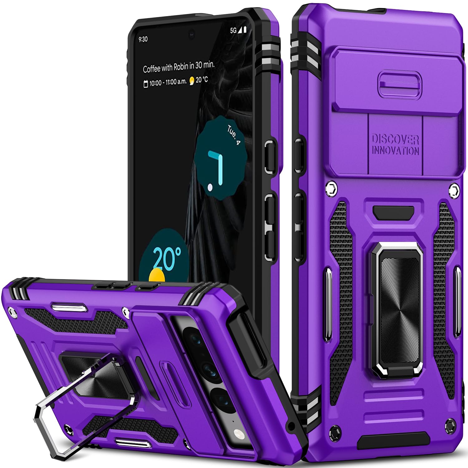Nvollnoe Google Pixel 7 Pro Case, Purple Heavy Duty Protective Sturdy Rotate Ring Kickstand Phone Case with Sliding Camera Cover, Military Grade, TPU+PC 2 in 1 Construction