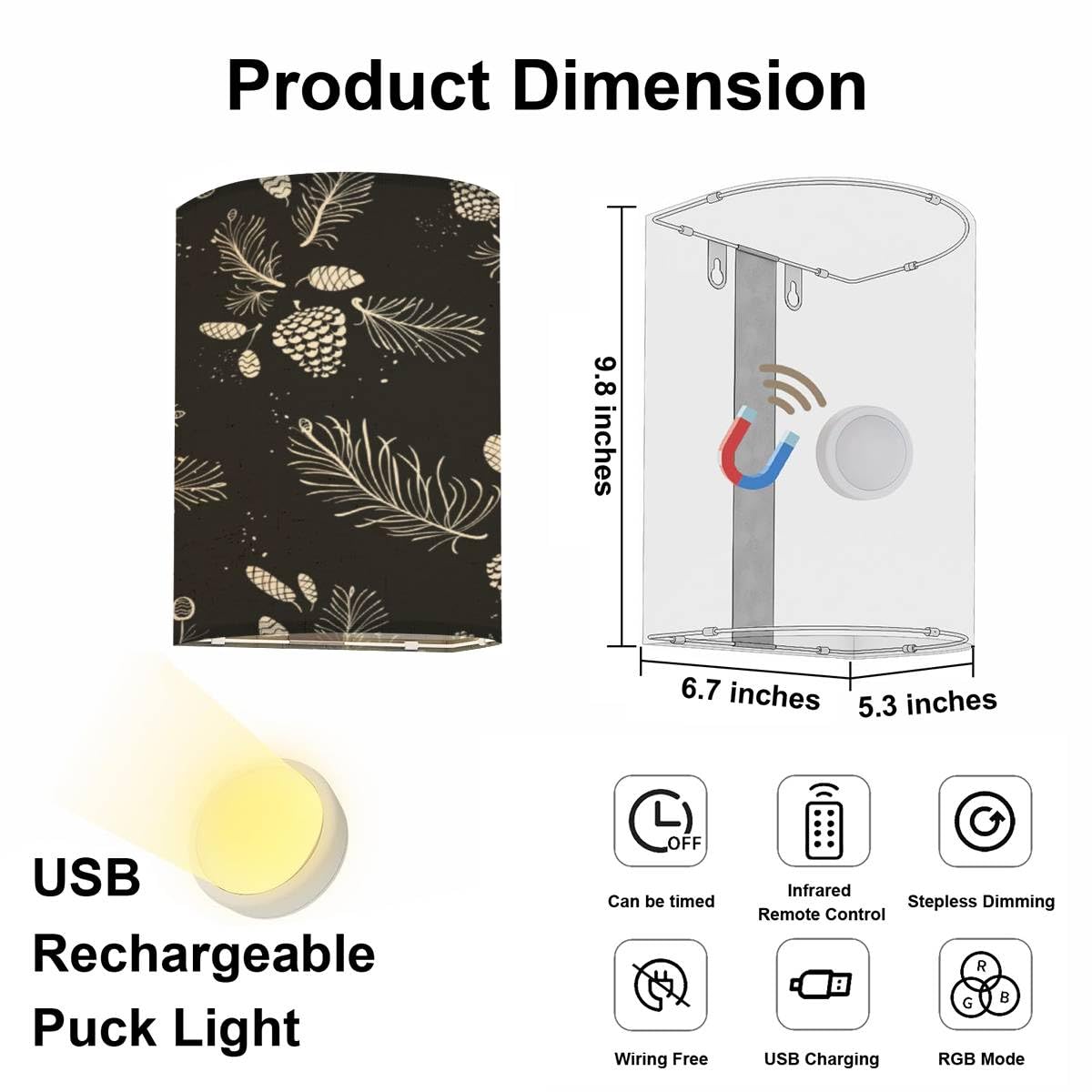 AURFIAIUOP Rechargeable Sconces Set of Two Pine Cones Christmas Adjustable Brightness Fabric Wall Lamps Wireless Lights Fixtures for Bedroom Living Room Hallway