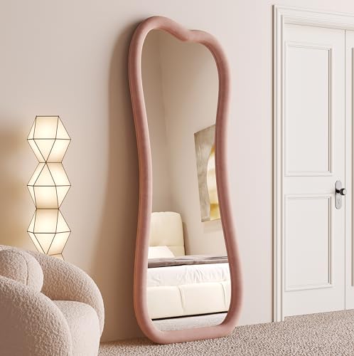 BOJOY Full Length Mirror, 63" x 24" Wall Mirror, Flannel Wrapped Wooden Frame Full Body Mirror, Irregular Wavy Mirror Hanging or Leaning Against Wall for Cloakroom/Bedroom/Living Room, Pink