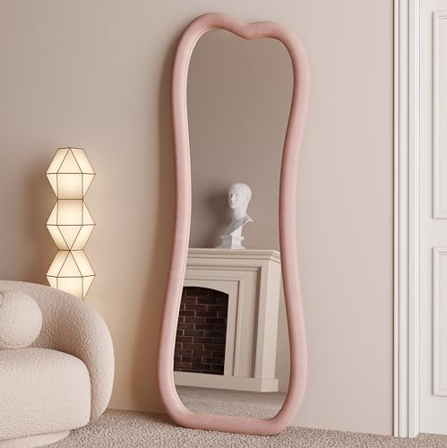 BOJOY Full Length Mirror, 63" x 24" Wall Mirror, Flannel Wrapped Wooden Frame Full Body Mirror, Irregular Wavy Mirror Hanging or Leaning Against Wall for Cloakroom/Bedroom/Living Room, Pink
