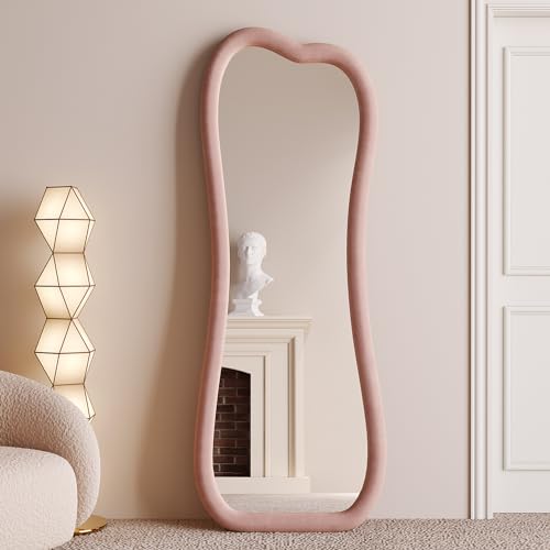 BOJOY Full Length Mirror, 63" x 24" Wall Mirror, Flannel Wrapped Wooden Frame Full Body Mirror, Irregular Wavy Mirror Hanging or Leaning Against Wall for Cloakroom/Bedroom/Living Room, Pink
