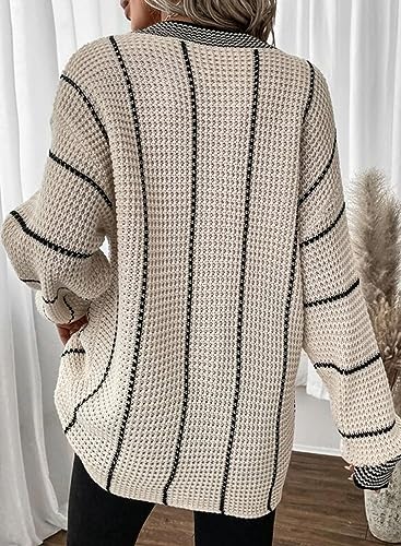 Dokotoo Womens Oversized Long Sleeve Sweaters Winter Trendy V Neck Striped Sweater Fashion Long White Sweaters for Women X-Large
